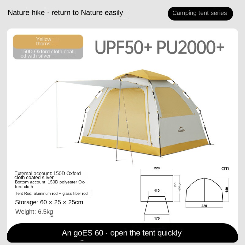Naturehike ANGO Series ES60 Fast Automatic Tent Dome Detachable Canopy ...