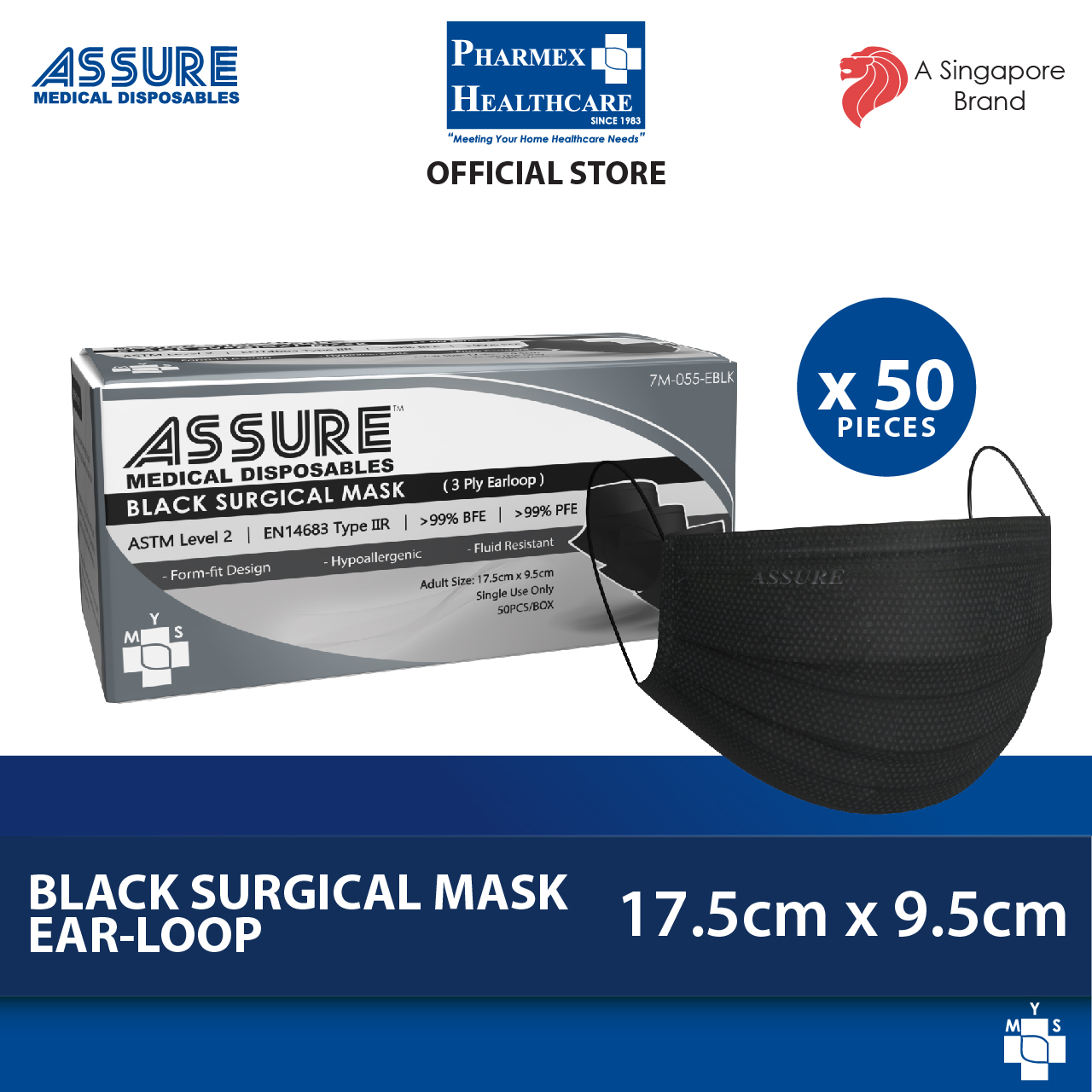 ASSURE Black Surgical Face Mask 3-Ply With Ear- Loop, 50'S/Box | Lazada ...