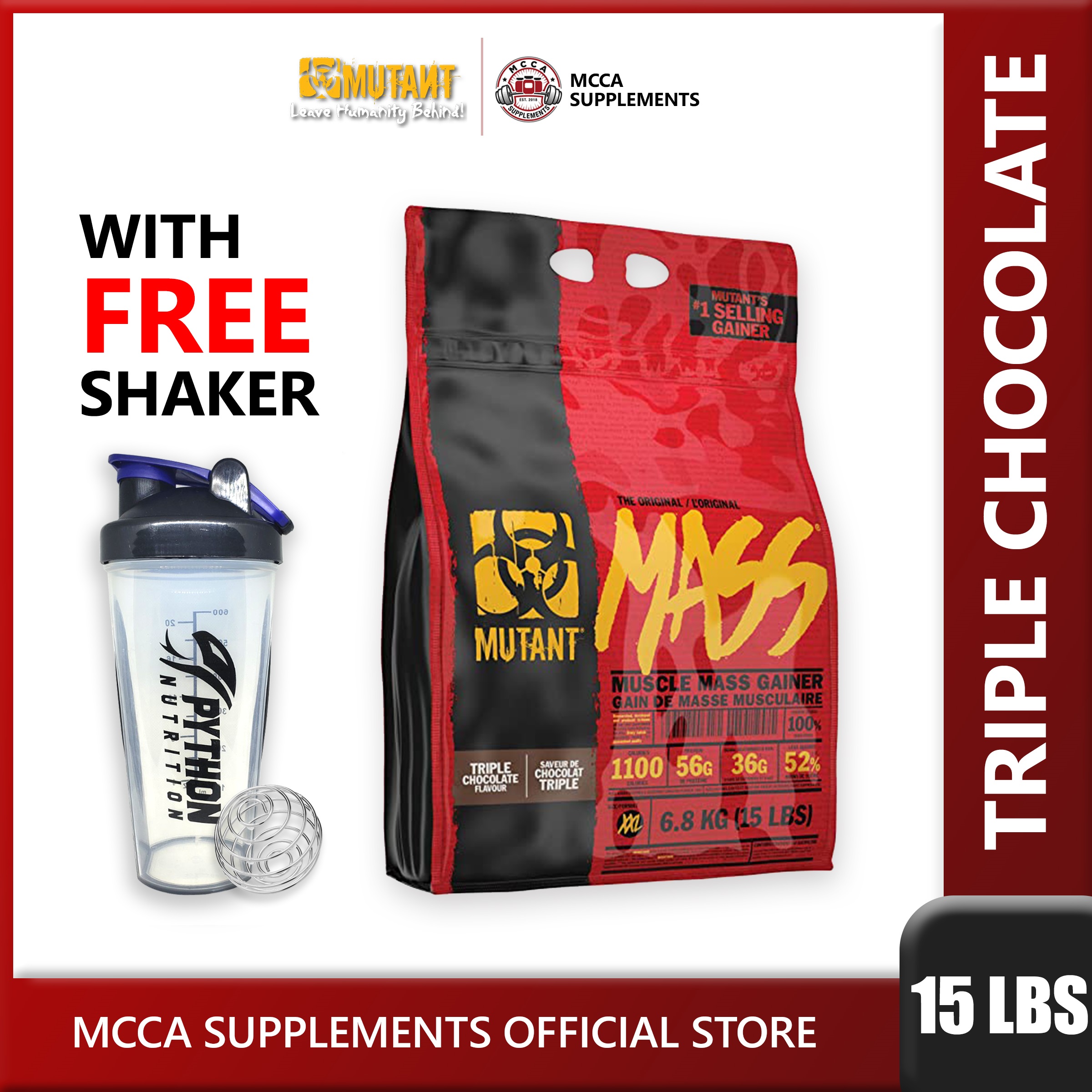 Mutant Mass Muscle Mass Gainer Powder - Triple Chocolate 15LBS with ...