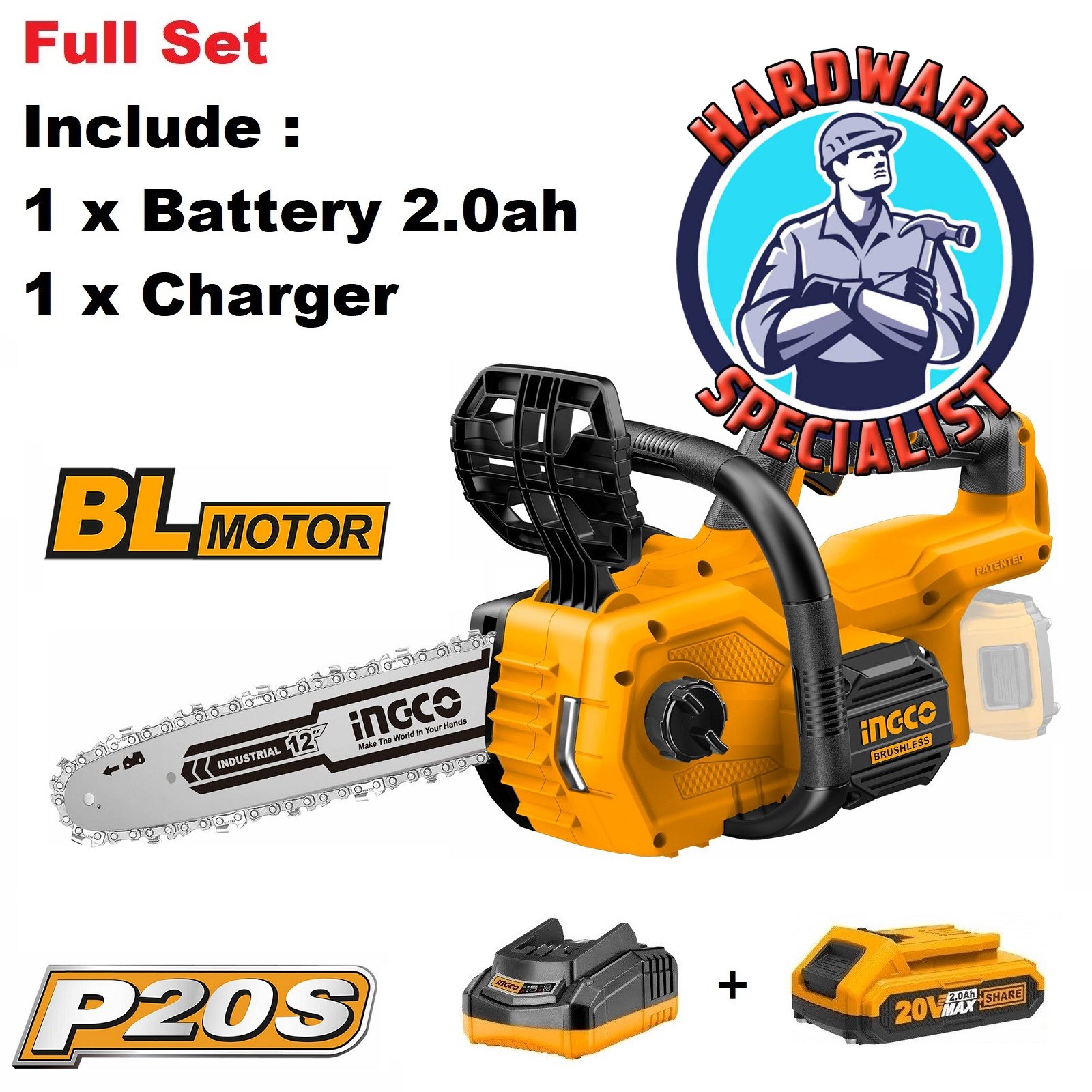 Ingco CGSLI20128 20V Cordless Lithium-Ion Brushless 12 Inch Chain Saw ...