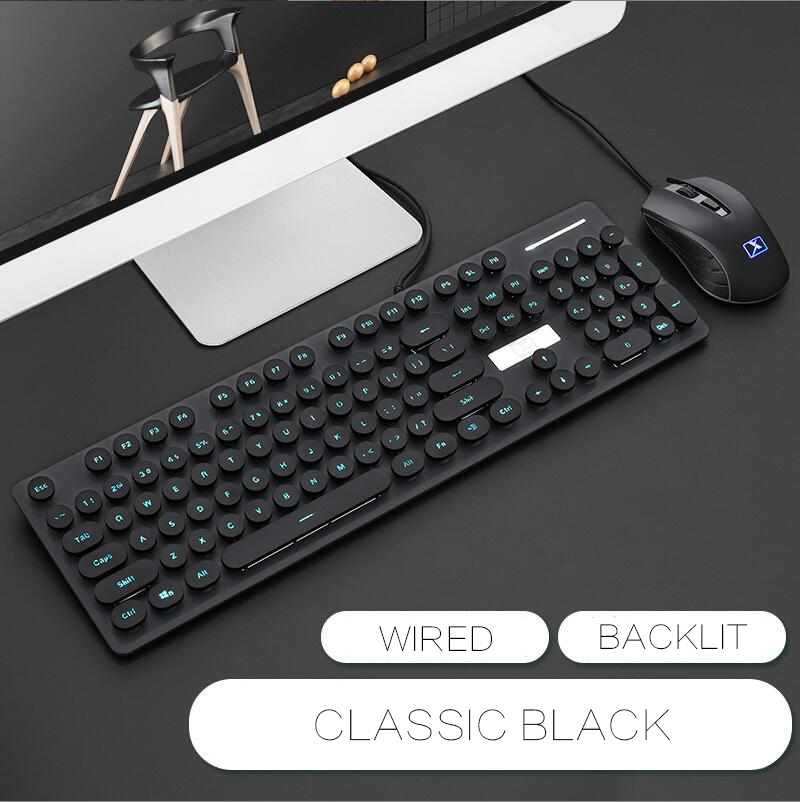 Wireless Keyboard Mouse Combo Round Key Caps USB Wired Mechanical ...