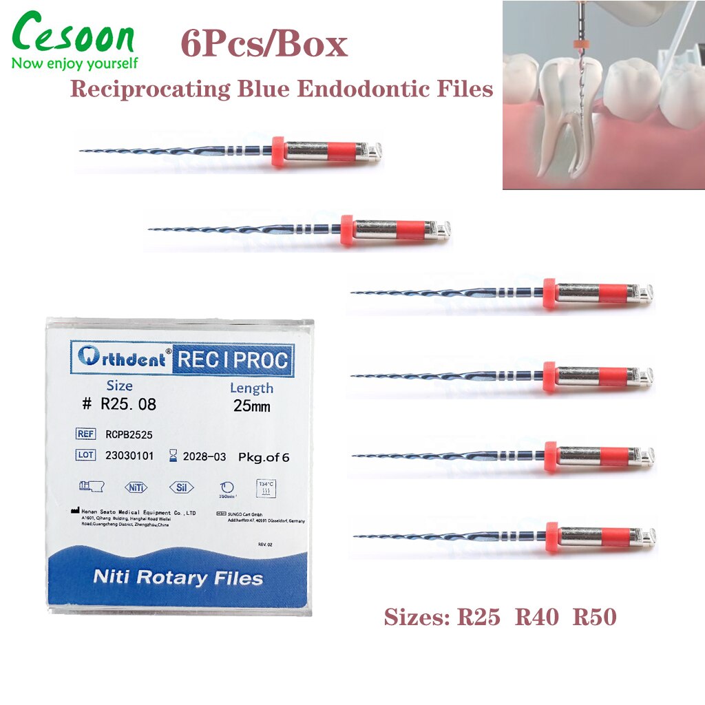 6Pcs/Box Dental Reciprocating Blue Endodontic Files Niti Heat Activated ...