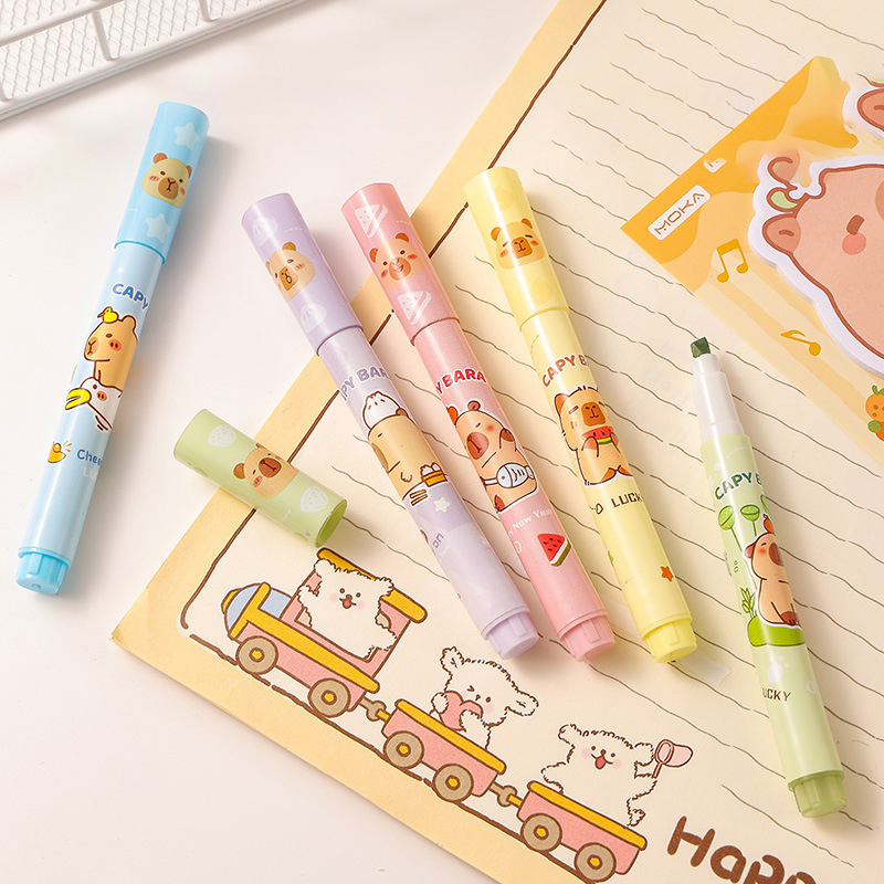 6Pcs Cute Cartoon Capybara Highlighter Pen Writing Smooth Quick-Drying ...