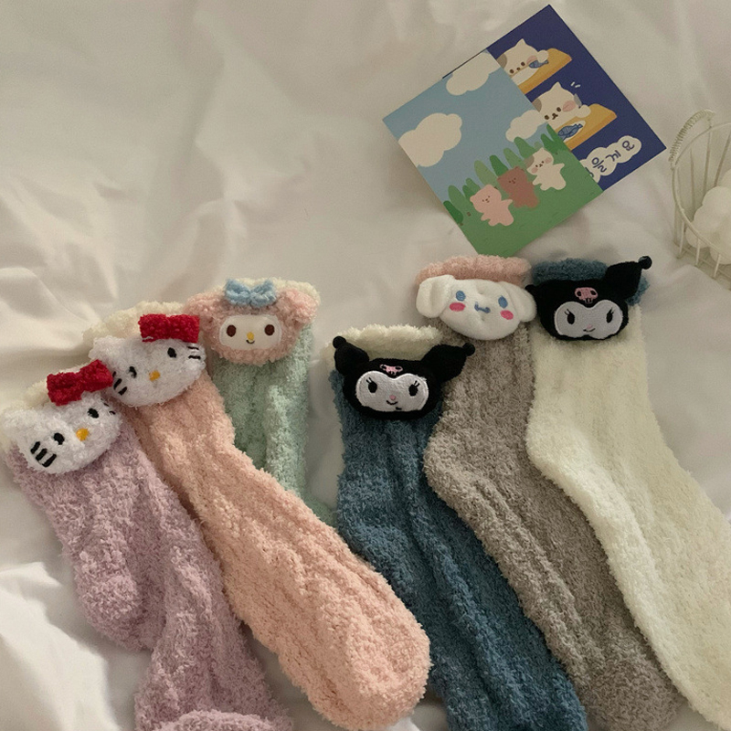 Women Kawaii Cute Sanrio Kuromi Mymelody Cinnamoroll Coral Fleece Socks ...