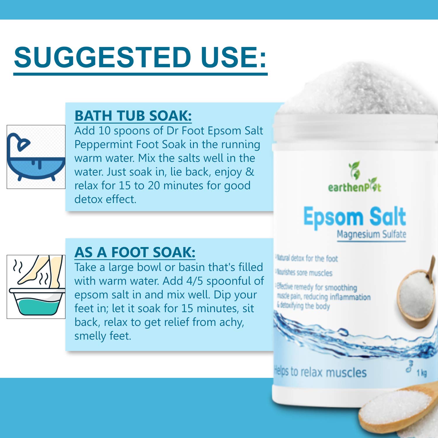 EarthenPot, Epsom Salt granule for Foot Bath Body Relax Muscle Relieves Aches Pain, 500 gram ...
