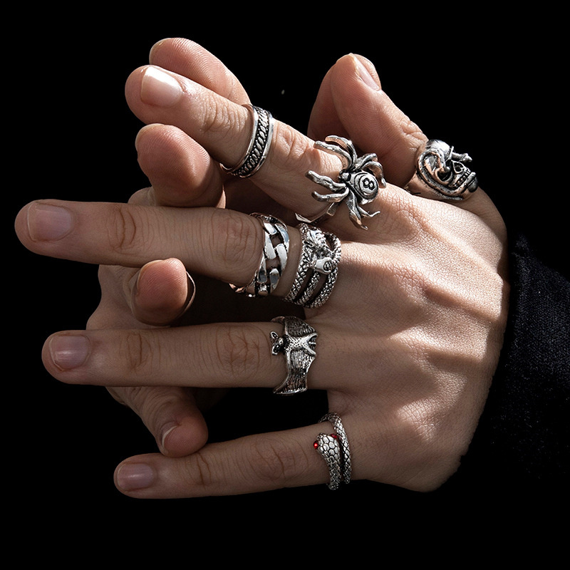 Men's Metal Finger Ring Set Of 7 Vintage Aged Spider Snake Bat Skull ...
