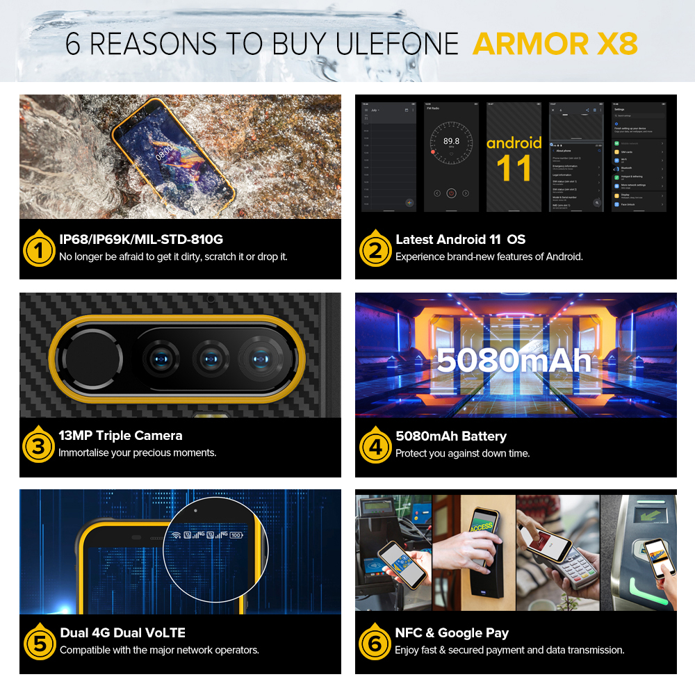 Ulefone Armor X8 Rugged Waterproof Smartphone, Android11, 4GB 64GB ip68 ...
