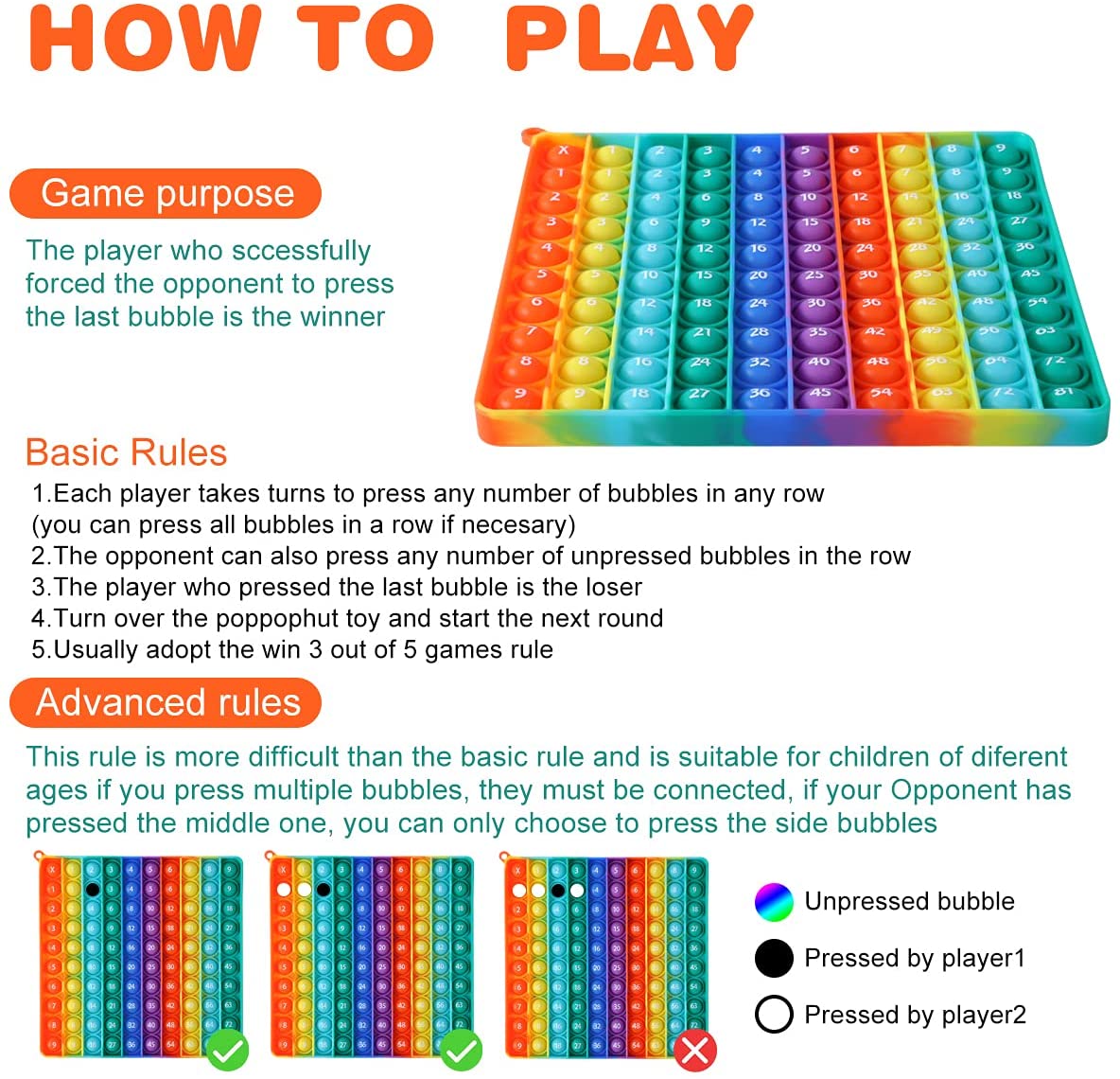 Colorful Math Toys Multiplication Tables Push Pop Fidgett Toy, 100 ...