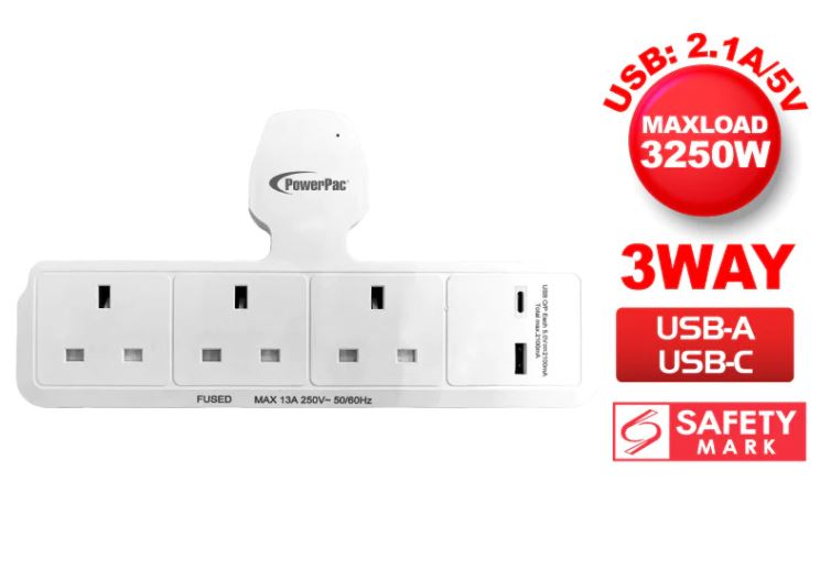 PowerPac 3 Way Extension Plug Adapter with USB/Type C | Extension Wall ...