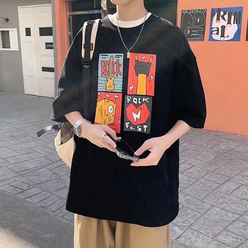 เสื้อยืดแขนสั้นผู้ชาย,เสื้อยืด Ins Tide แบรนด์หลวมเสื้อผ้าสไตล์ฮ่องกงฤดูร้อนปี S-8XL - N.S ...