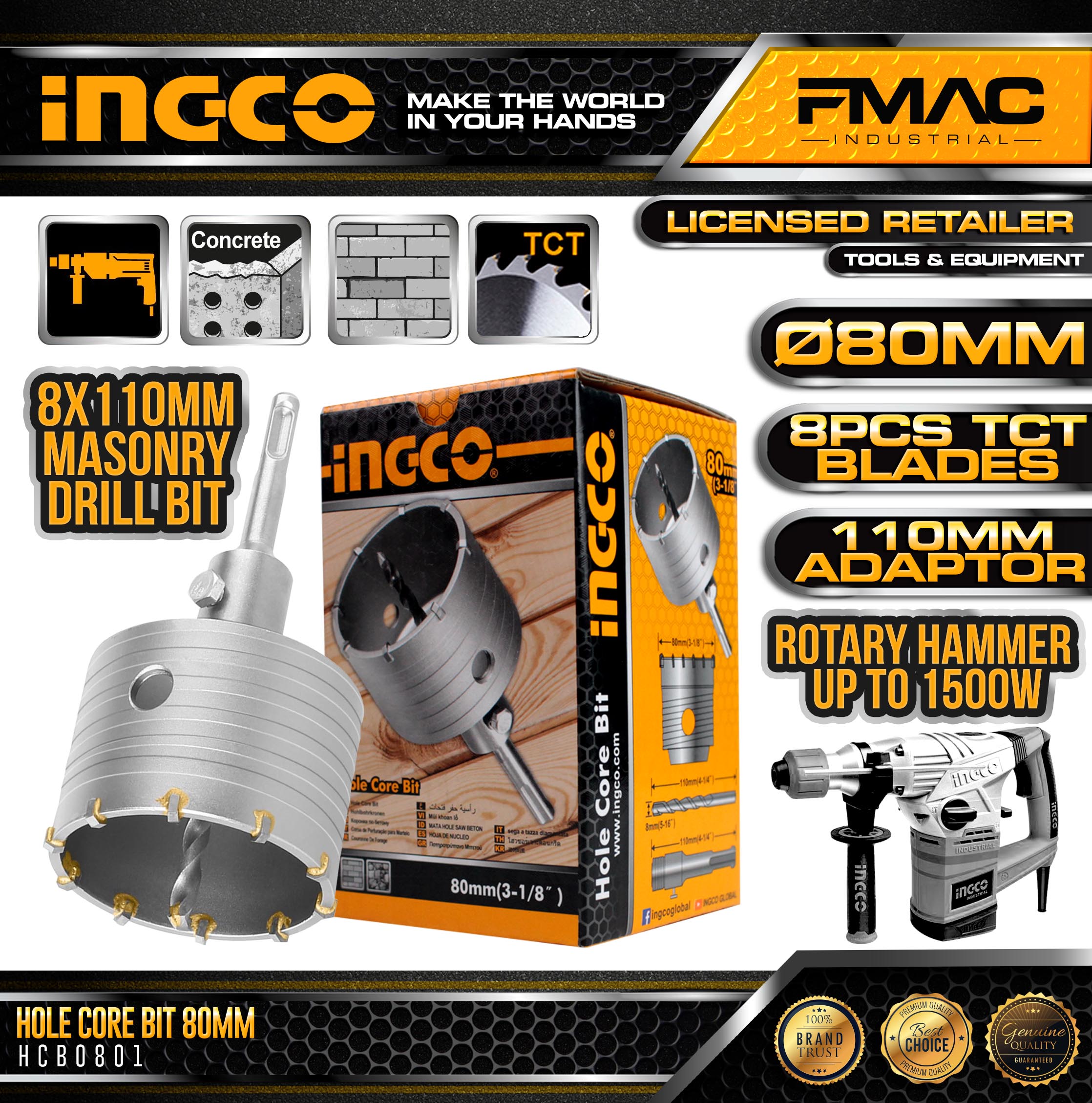 INGCO Hole Core Bit 80mm 8 Pcs TCT Blades For Masonry and Concrete SDS ...
