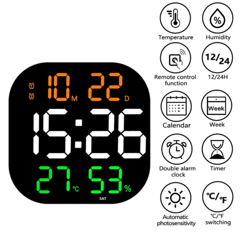 Digital Large Wall Clock Temp Humidity Remote Control Automatic Light Sensor Timer Countdown LED ...