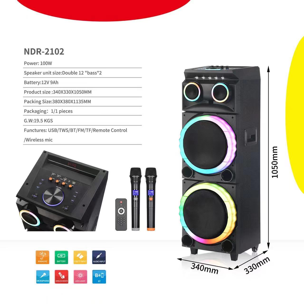 10X2 inch Karaoke Party Bluetooth Speaker Stereo HIFI Sound Trolley wireless Speakers with 2 mic ...