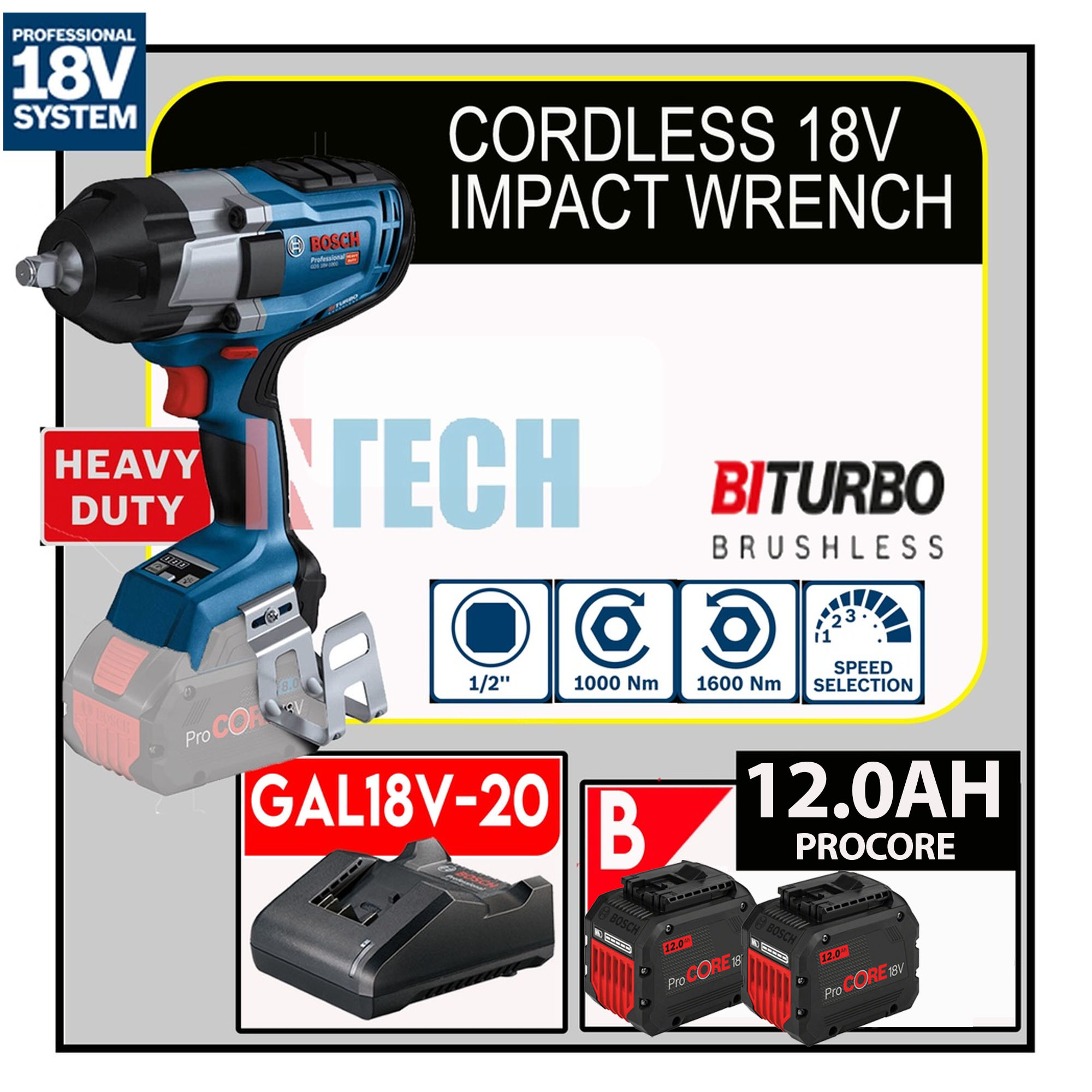 BOSCH GDS18V-1000 18V CORDLESS 1/2" HIGH IMPACT WRENCH - BITURBO BRUSHLESS TECHNOLOGY + 18V 12 ...