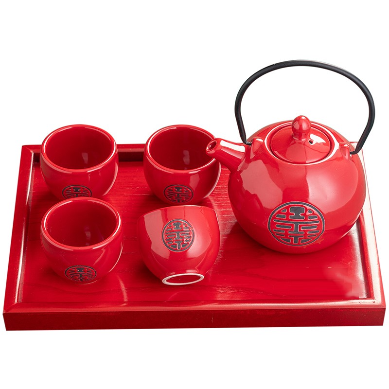 SpicyIcons Chinese Wedding Xi Teapot Set 红色喜喜婚礼敬茶茶具对碗盖杯结婚礼盒 Red Wedding ...