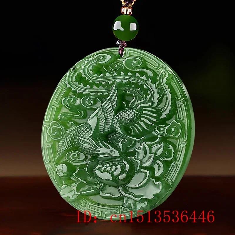 Natural Green Hetian Jade Stone Dragon Phoenix Pendant Necklace Carved ...
