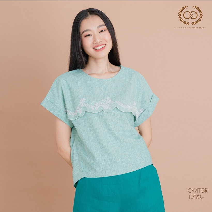 CD Cotton Blouse เสื้อเบลาส์ ผ้าคอตตอน สีเขียว ปักลายดอกไม้ฉลุ ซี แอนด์ ...