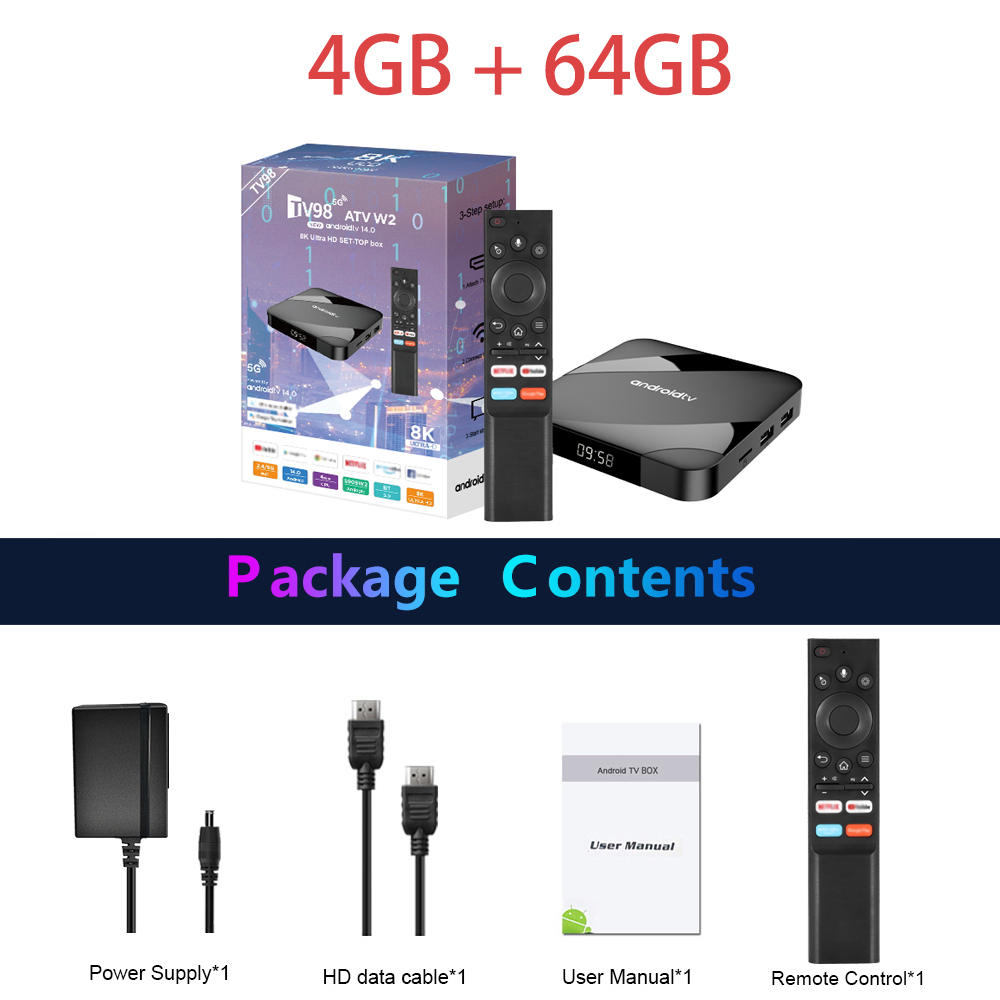 QAZWS Android 14 TV Box 4GB 32GB 64GB Amlogic S905W2 AV1 Dual Wifi BT ...