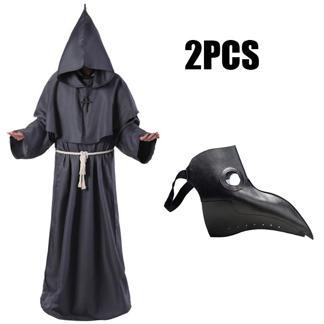 Halloween Medieval Hooded Robe Plague Doctor Cosplay Costume Mask Hat ...