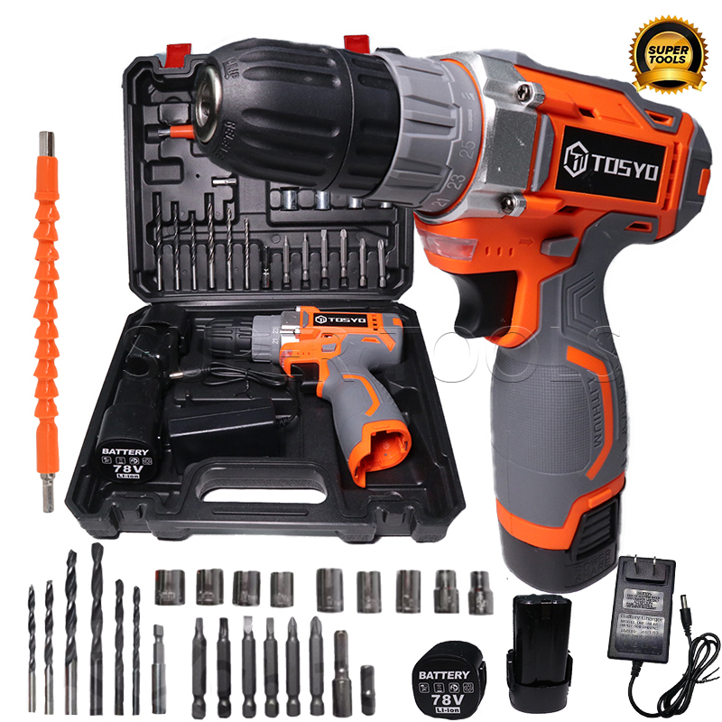 TOSYO สว่านไร้สาย สว่าน 78V 2 ระบบ ปรับสปีดได้ สำหรับเจาะไม้ เหล็ก ขันน็อตสกรู พร้อมแบตเตอรี่ 2 ...