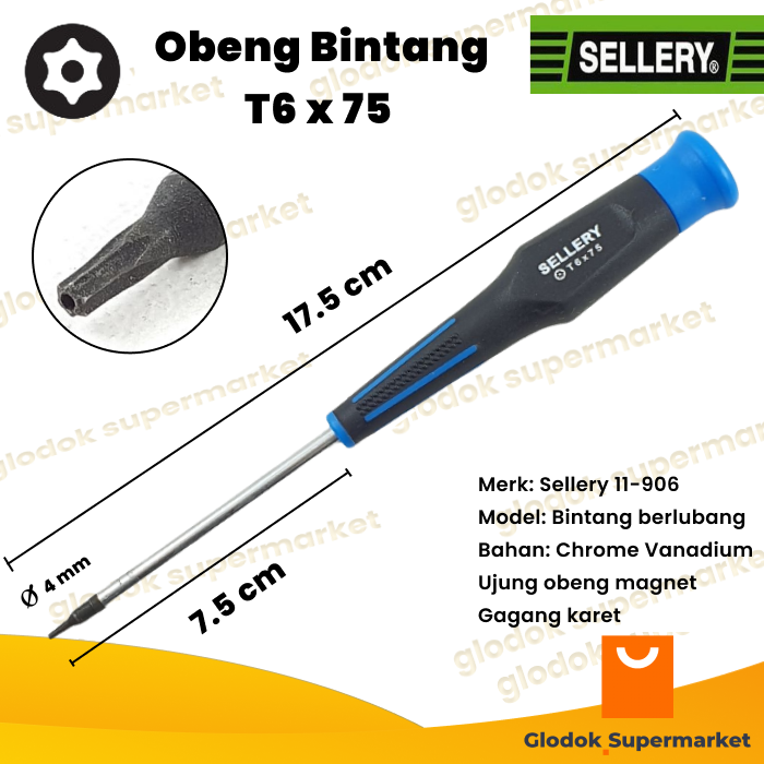 Obeng Bintang T6 x 75 Sellery 11-906 Star Lubang Panjang Besi 75mm ...