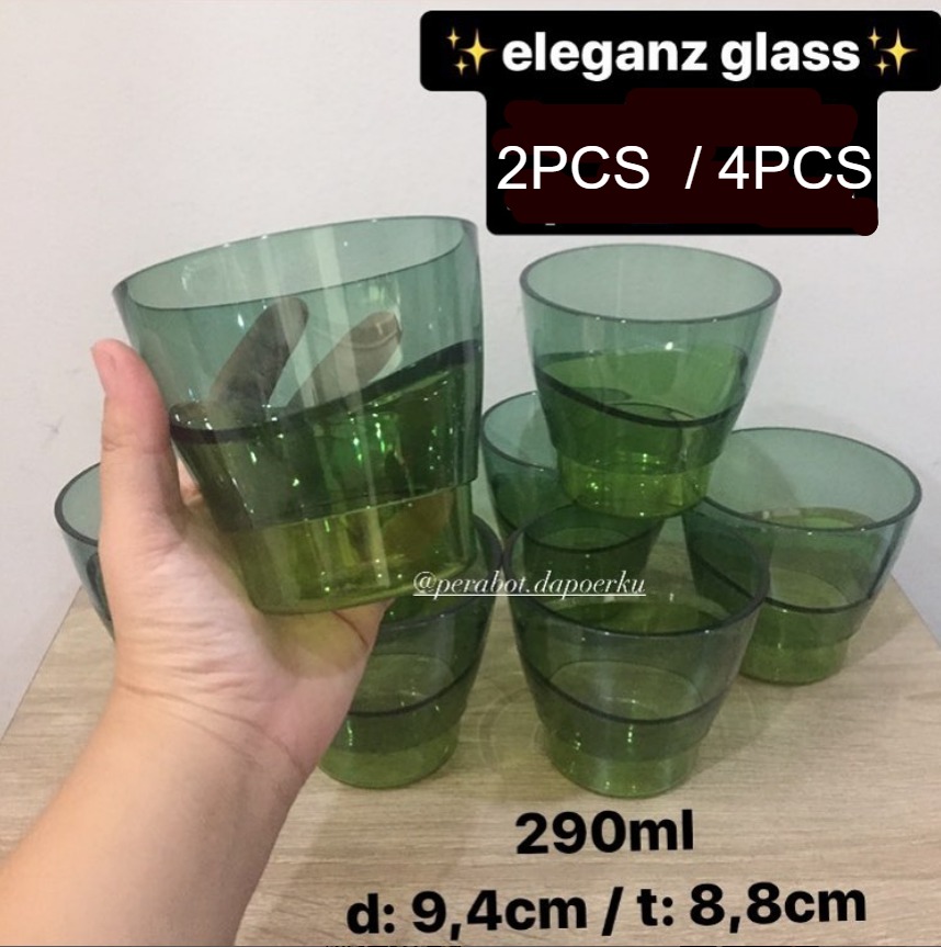 ELEGANZIA GLASS GELAS HIJAU CRYSTAL 290ML ORI BY TUPPERWARE - 2PCS ...