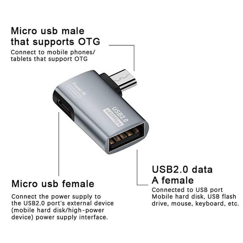 OTG Cable Adapter 4K 90 Degree Left Angle Powered Micro USB To USB OTG ...