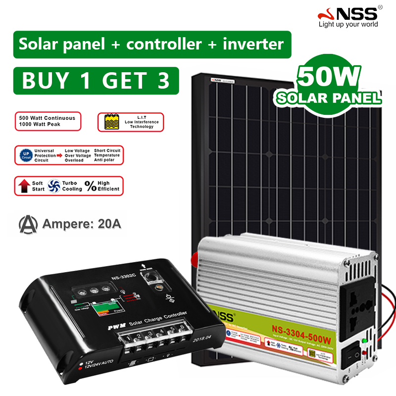NSS Solar Inverter Set 500W Peak Power Inverter+50W Solar Panel+10A/20A ...