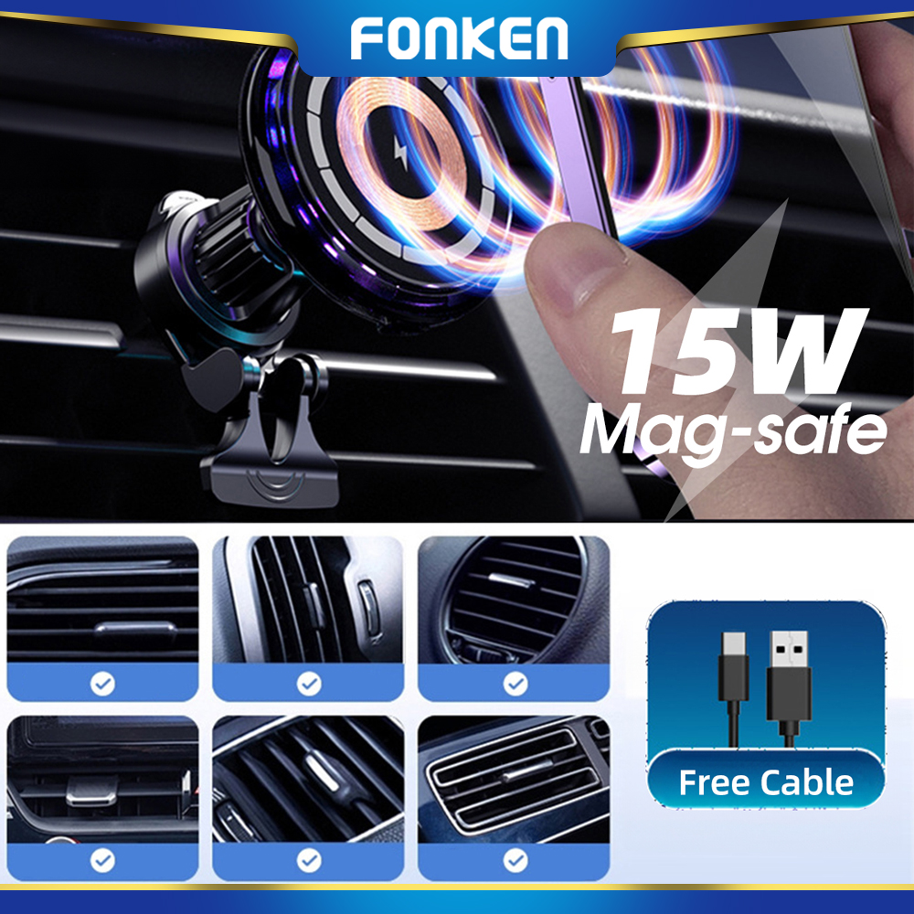 FONKEN RGB Luminous โทรศัพท์ช่องแอร์แม่เหล็ก15W ขายึดที่ชาร์จแบบไร้สาย ...
