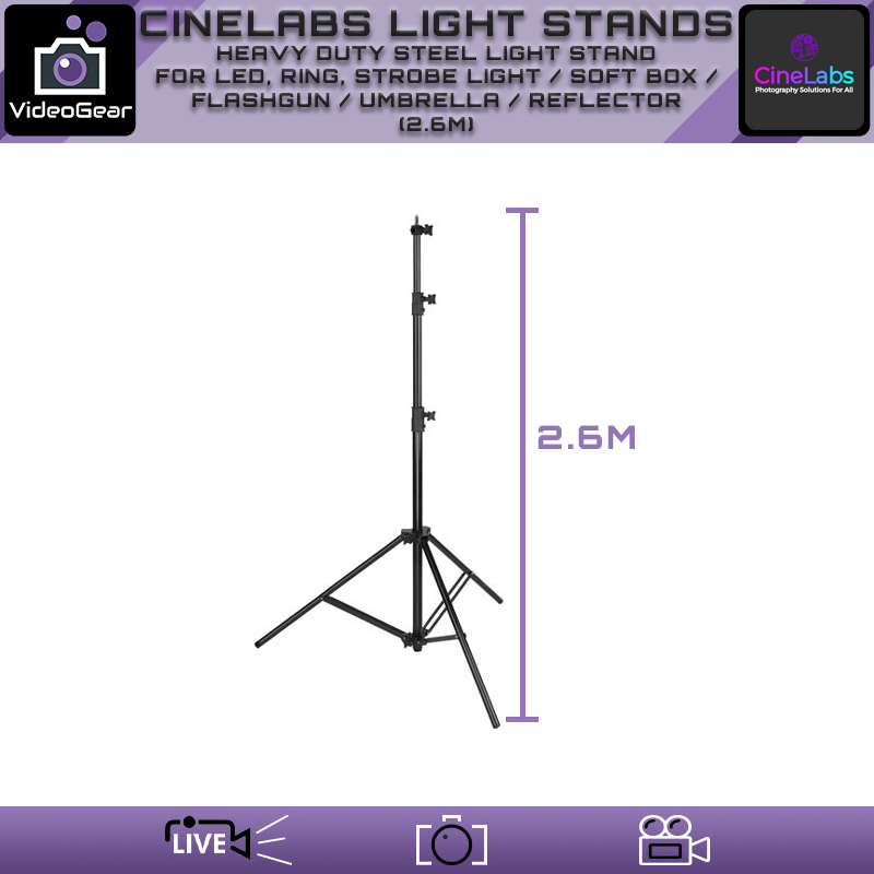 CineLabs 2m / 2.6m Heavy Duty Steel Light Stands For Led, Ring, Strobe ...