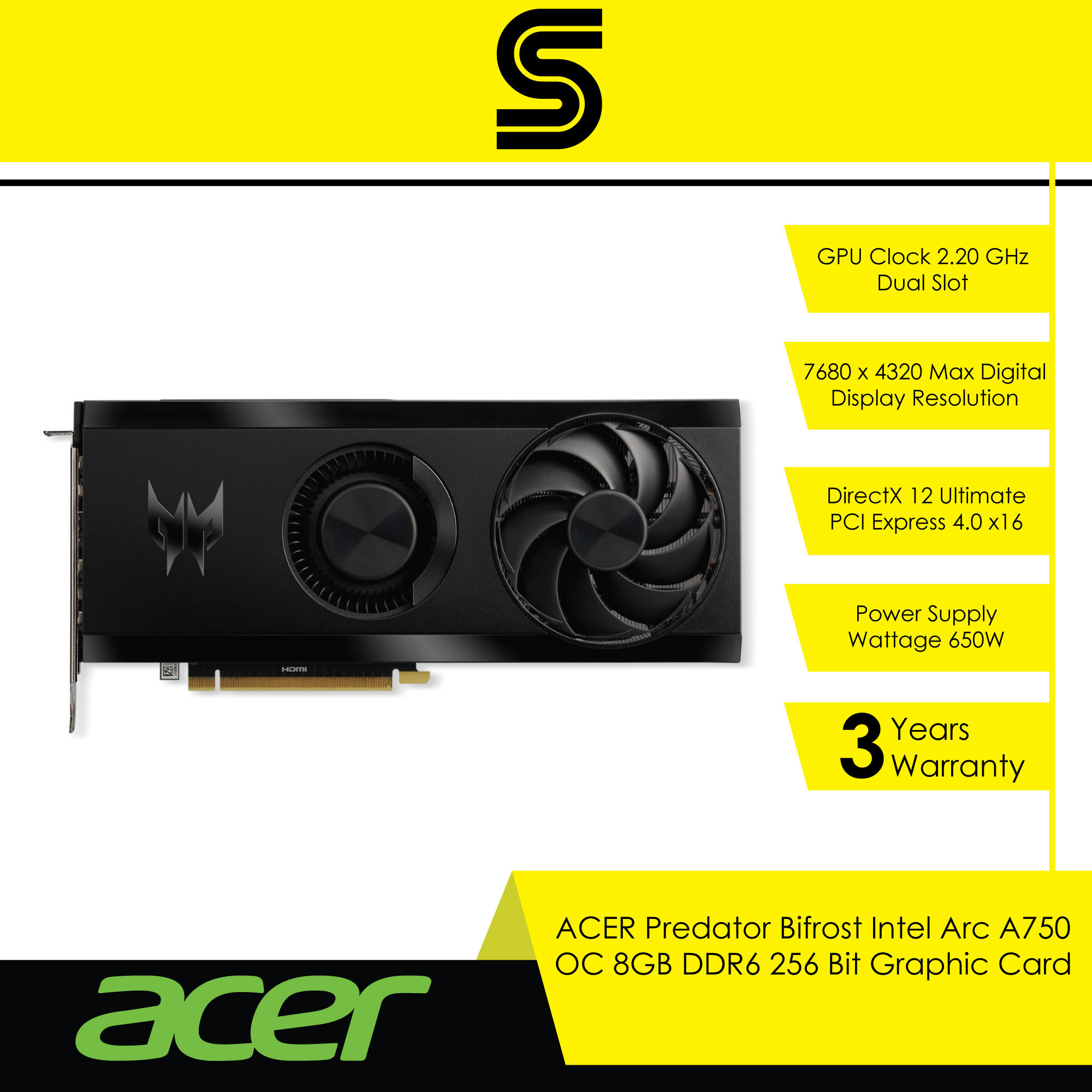 ACER Predator Bifrost Intel Arc A750 OC 8GB DDR6 256 Bit Graphic Card ...