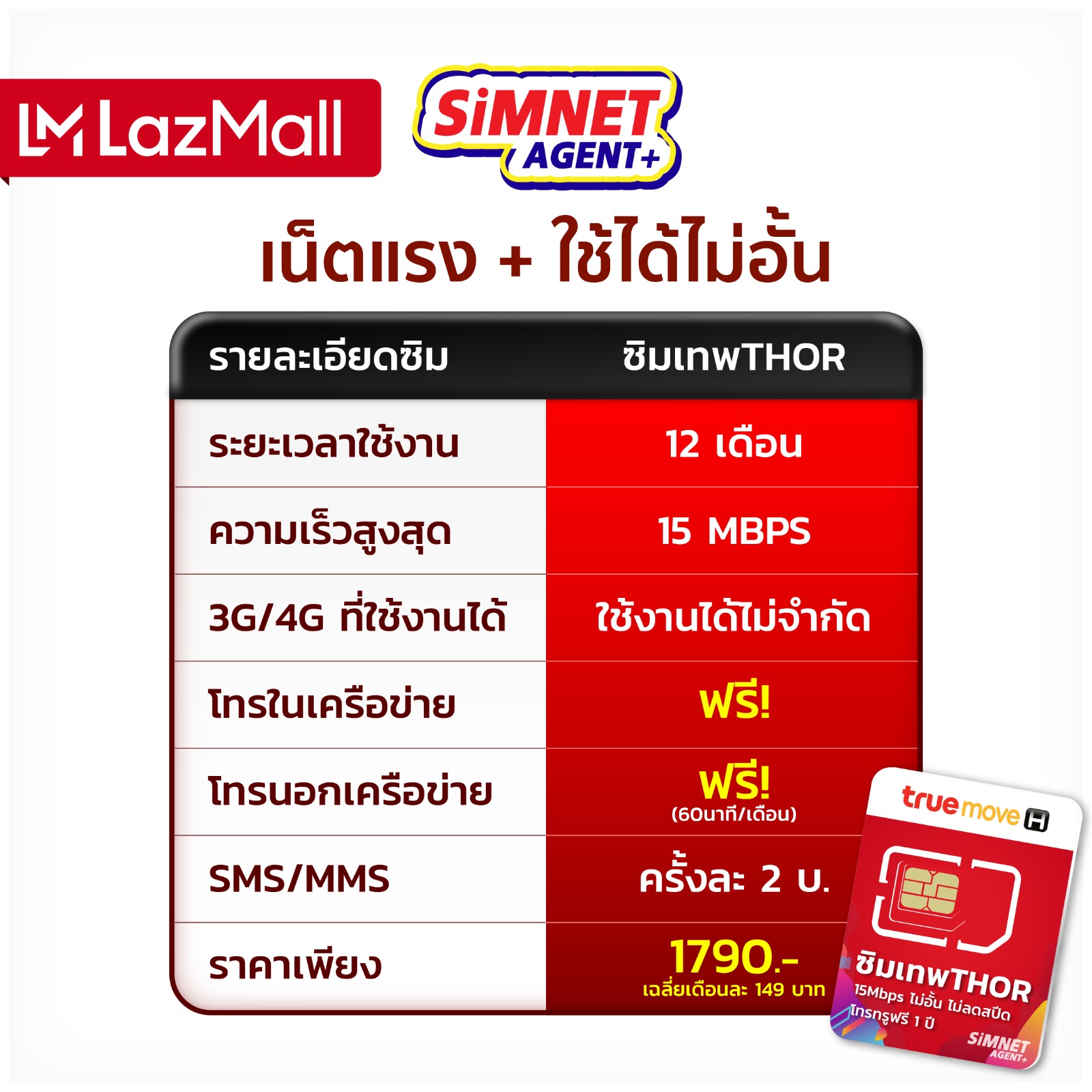 ส่งฟรี ซิมเทพธอร์ 15Mbps ซิมเทพทรู ซิมรายปี โทรฟรีทุกค่าย ซิมเน็ต Sim Net TRUE ใช้ได้ไม่อั้น 1 ...