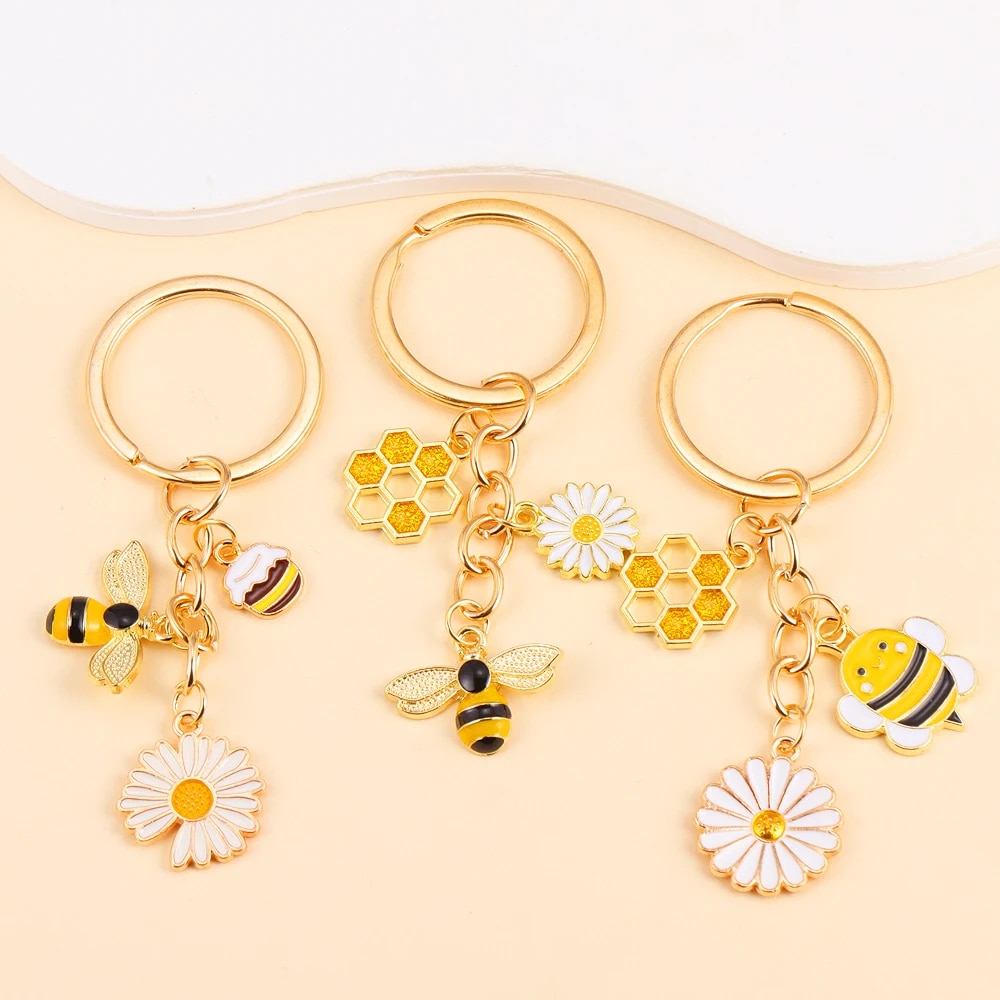 2024 Trending Metal Enamel Bee Honey Daisy Flower Charms Keyrings For ...