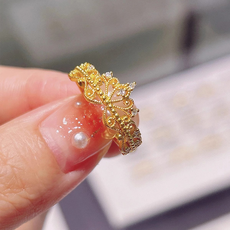 【Top Picks】Crown French Style Golden Small Broken Diamond Ring Women's ...
