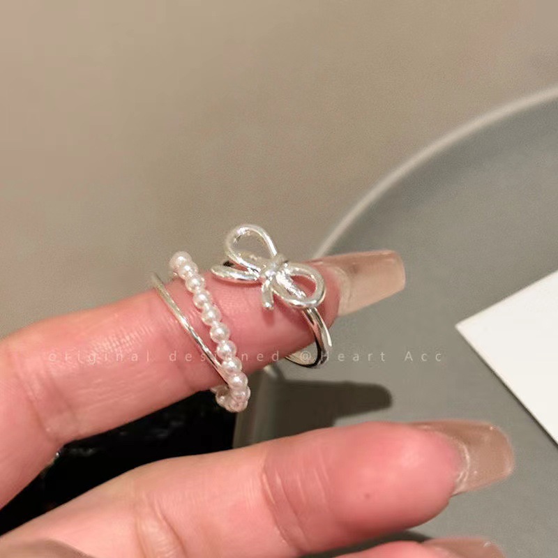 Minimalist Bow Pearl Ring suit Niche Design Cross Pink Ring Food Finger ...