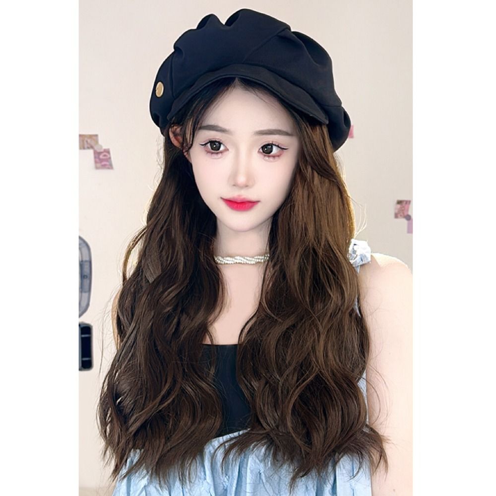 Y2K2 หมวกวิกผมผู้หญิง สไตล์เกาหลีแบบ วิกผมหมวก ชิ้นผมธรรมชาติ คลาวด์ วิกผมหมวกหยักยาว อุปกรณ์ ...