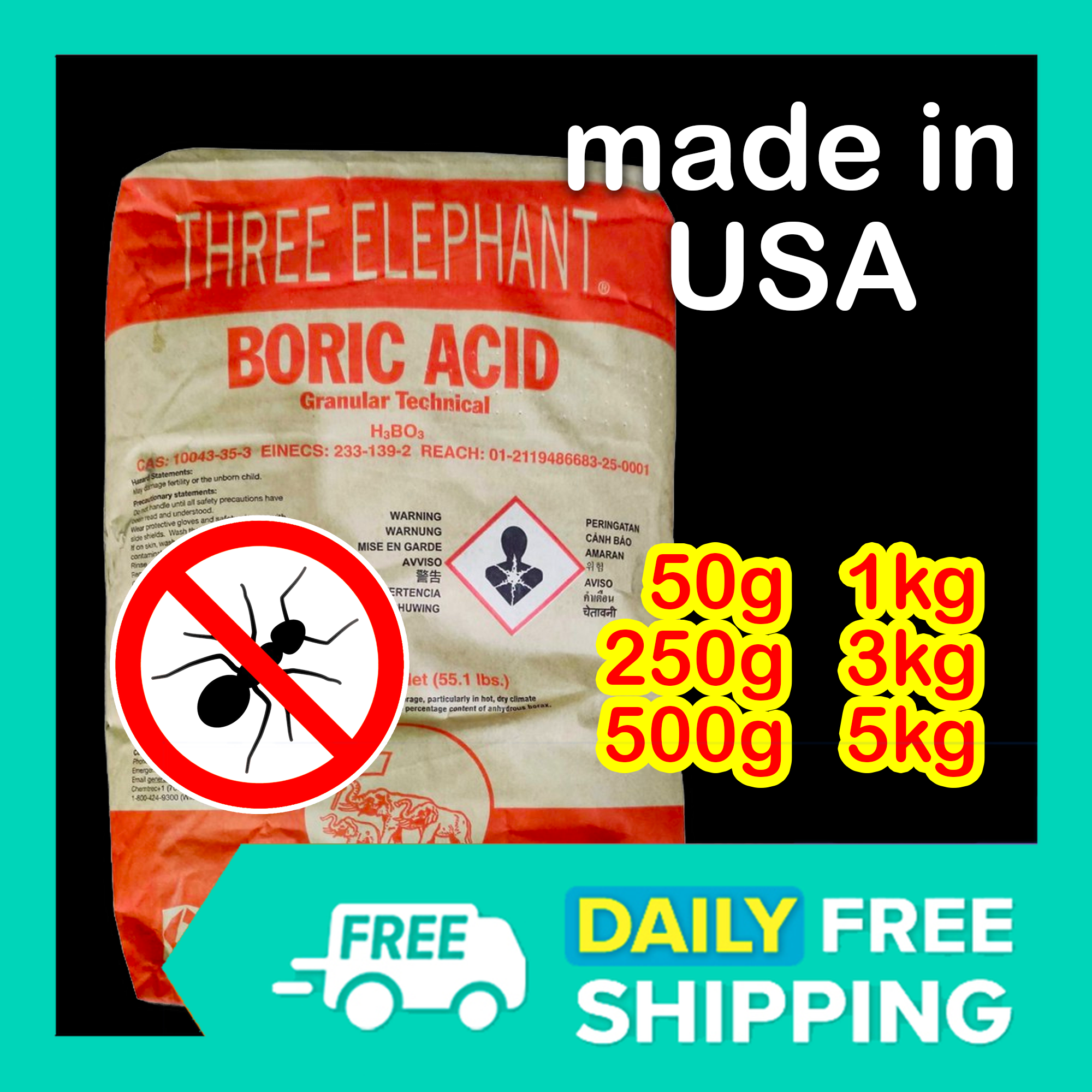 Three Elephant Boric Acid For Cockroach Ant Killer Termite Killer 1kg 500g 250g 3kg 5kg Made In