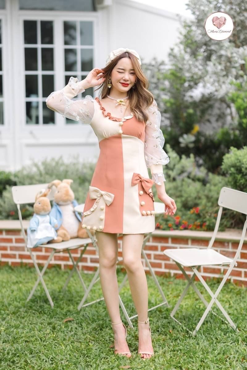 Maria Diamond Brand การันตีเสื้อผ้าแบรนด์แท้ มินิเดรสแขนยาว สีส้มพีช ...