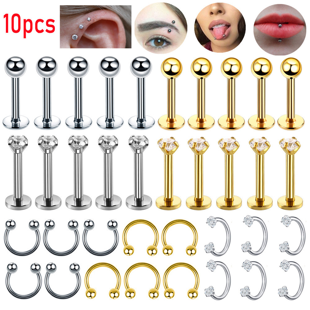 10 px Stainless Steel Lip Stud Horseshoe Rod Diamond Zircon Piercing ...