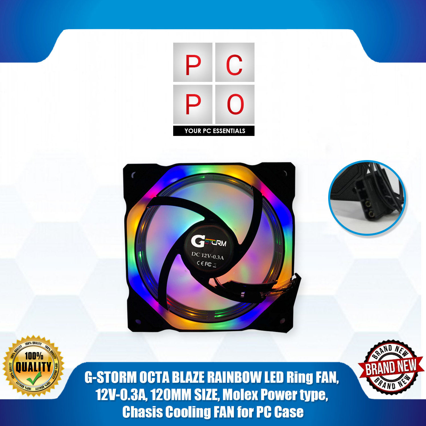 G-STORM OCTA BLAZE RAINBOW LED Ring FAN, 12V-0.3A, 120MM SIZE, Molex ...