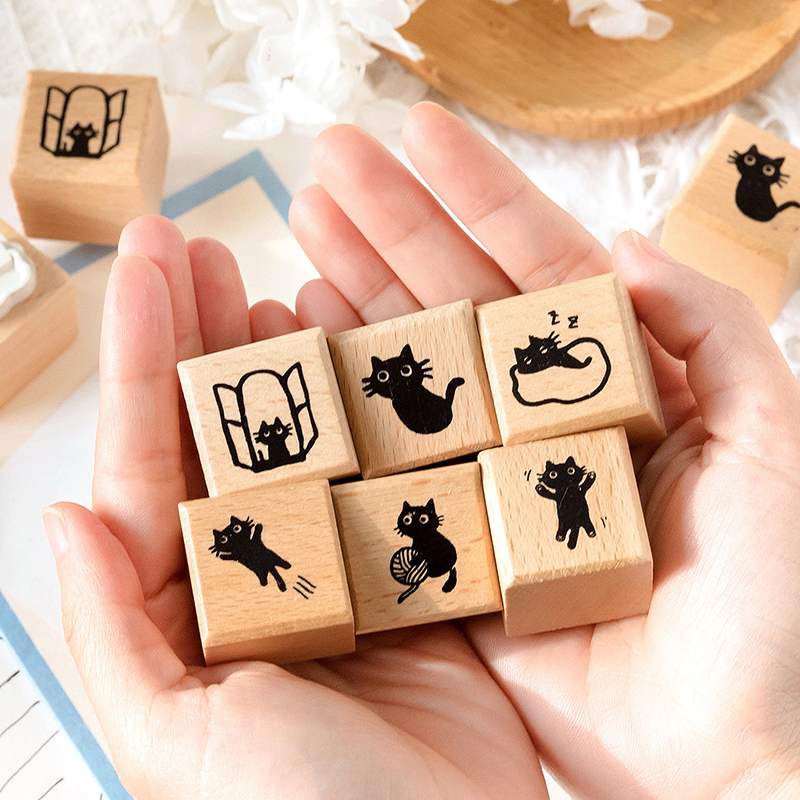 Black Cat Wooden Seal Stamp Cute Kitty Decorative Wood Stamps For ...
