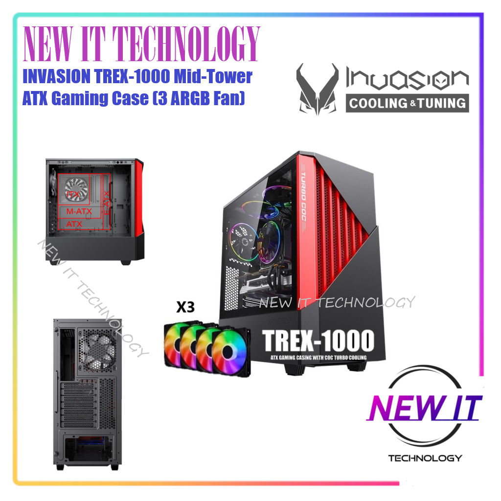 INVASION TREX-1000 Mid-Tower ATX Gaming Case ( Free 3 Unit ARGB Fan ...