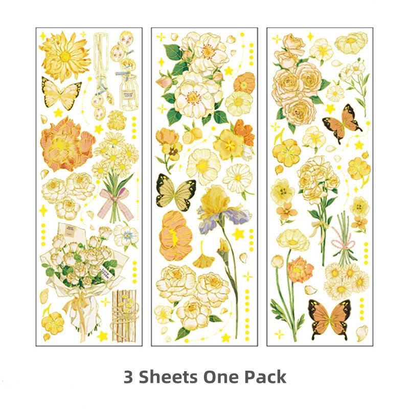 3 Sheets Dazzling Flowers Series Waterproof PET Bronzing Stickers ...
