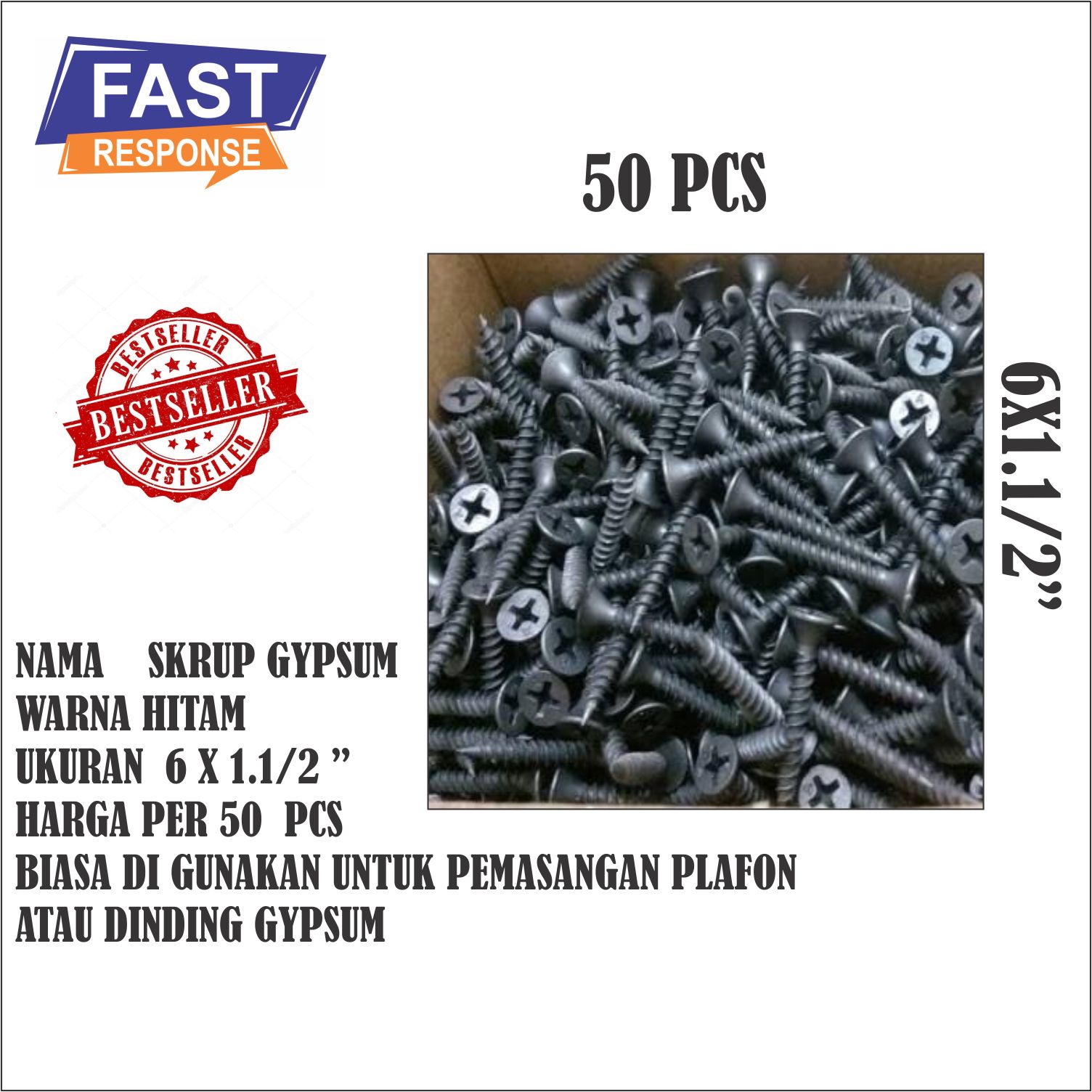 786 50 pcs sekrup gypsum hitam ukuran 6x1.1/2 " panjang 3.5 cm skrup ...