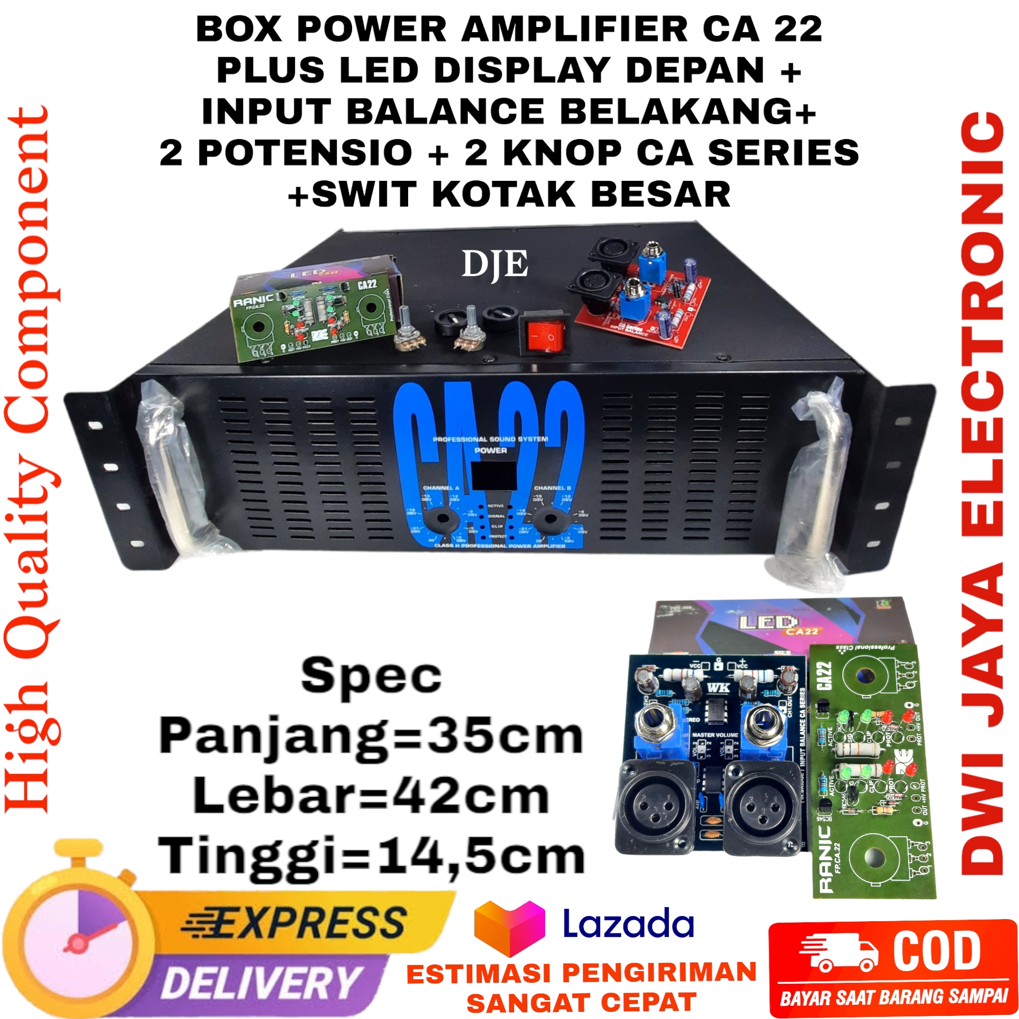 BOX POWER AMPLIFIER CA 22 PLUS LED DISPLAY DEPAN + INPUT BALANCE BELAKANG+ 2 POTENSIO + 2 KNOP ...
