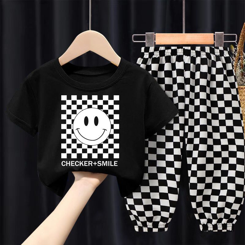 HAOSE ใส่ได้ทั้งเด็กผู้หญิงและชาย ชุดเสื้อยืดแขนสั้น + กางเกงขายาวสำหรับเด็กสองชิ้น เนื้อดี ...