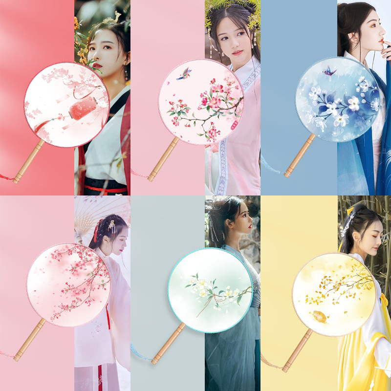Chinese Round Hand Fan Vintage Printing Silk Fan Ancient Tassel Dance ...