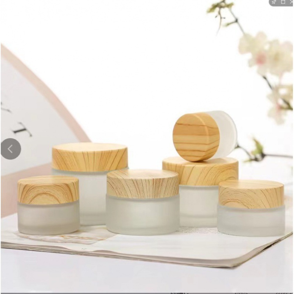 Portable Wood Grain Lid Frosted Glass Jar Screw Cap Bottle Cosmetic ...