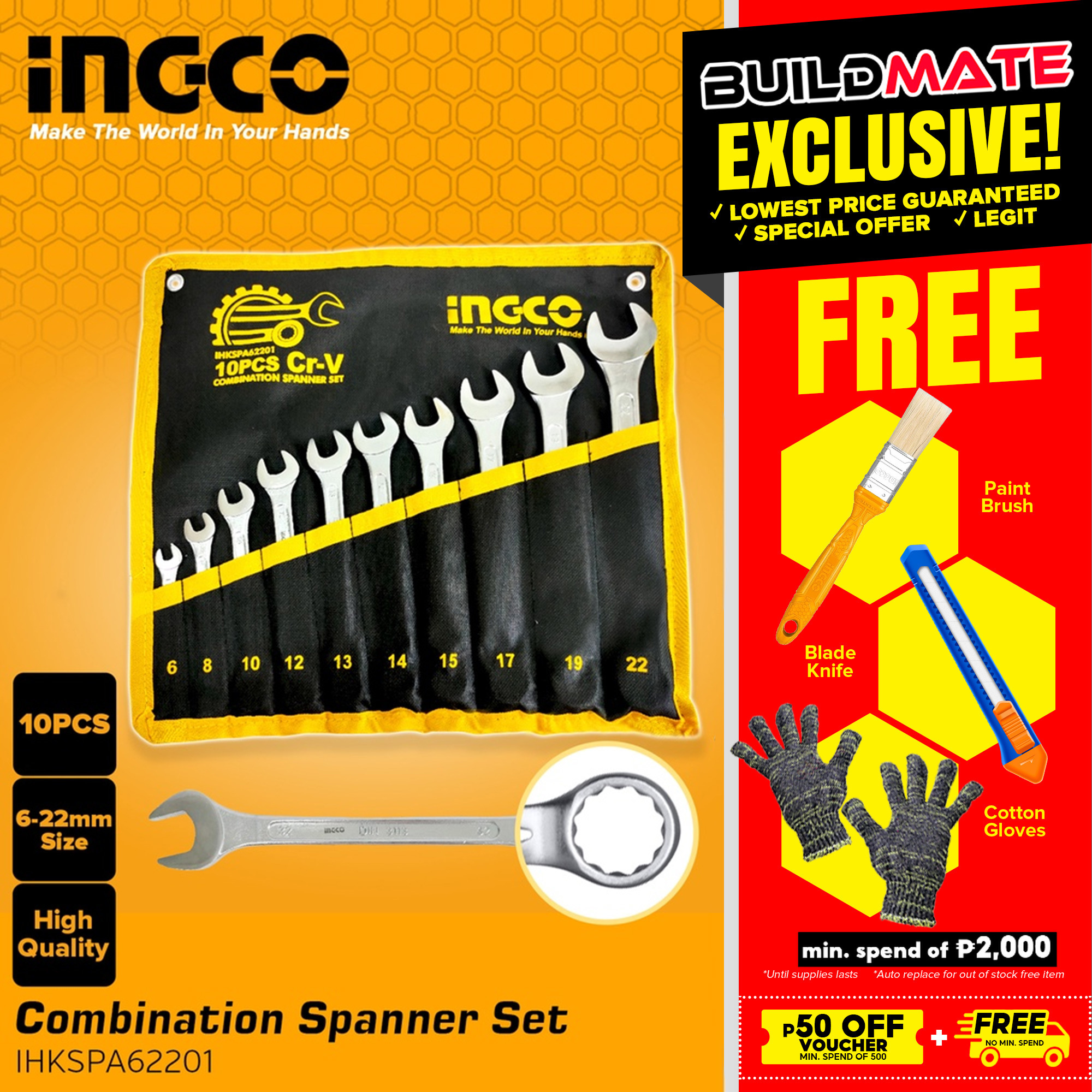 INGCO 10 PCS 6-22mm Combination Wrench Gear Spanner Set Cr-V ...