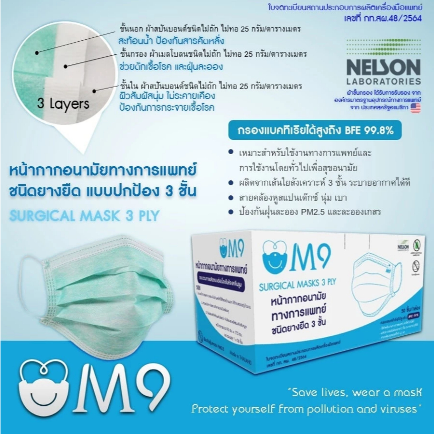 M9 Surgical Medical Mask 3 PLY หน้ากากอนามัย น้ากากอนามัยผู้ใหญ่ ทางการแพทย์ แบบปกป้อง 3 ชั้น ...